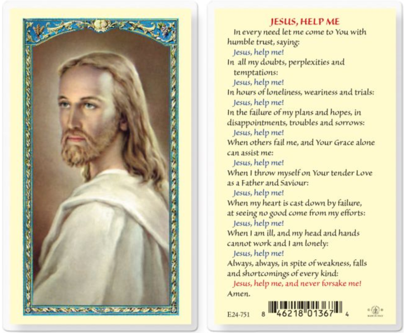 Jesus Help Me Head of Christ Holy Card – Joseph's