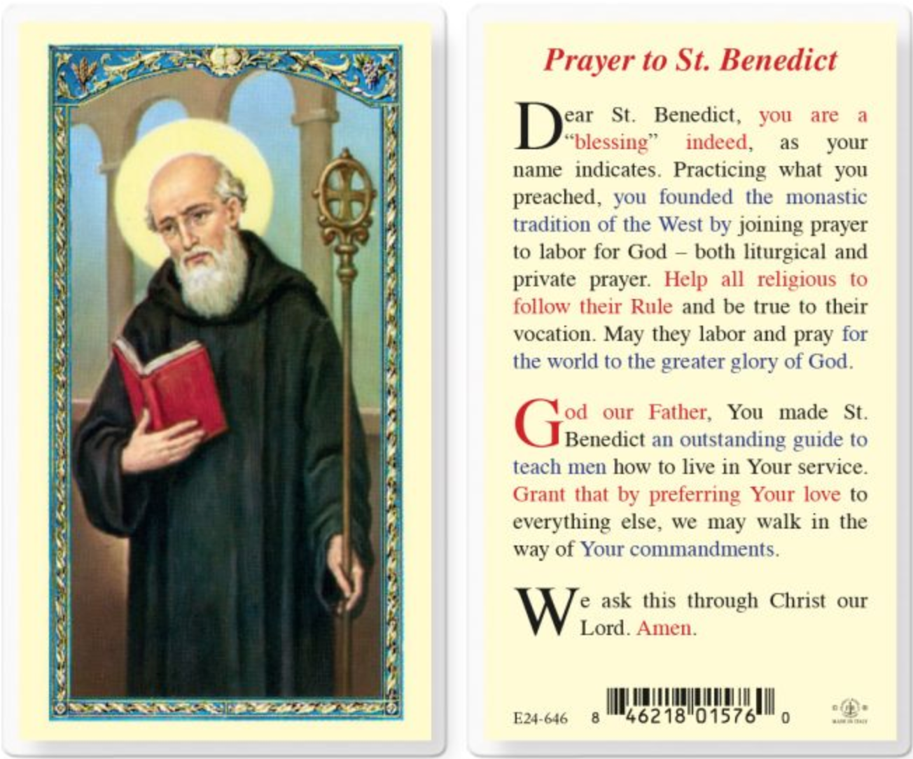 Prayer to Saint Benedict Holy Card – Joseph's